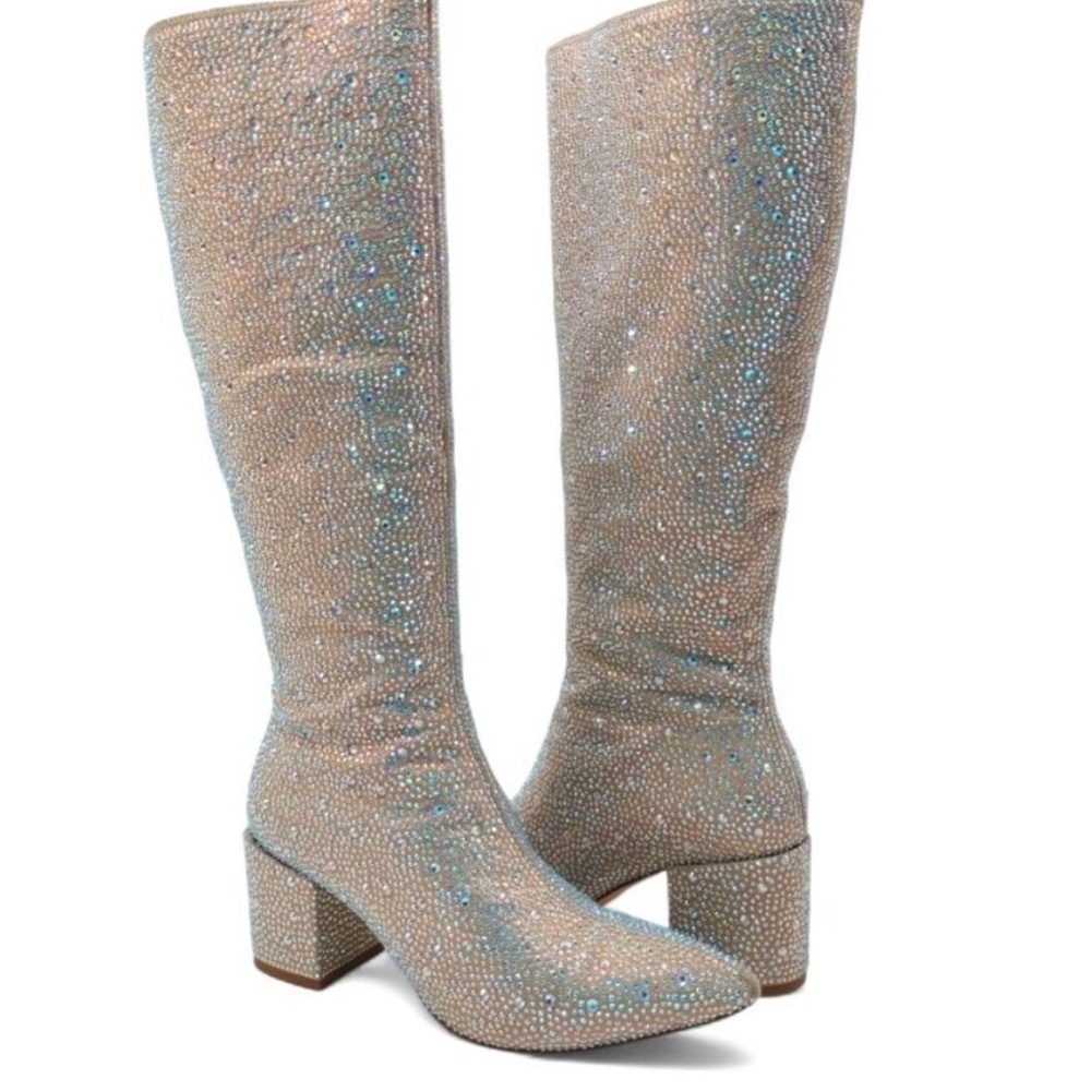 Wet Kiss Iridescent Crystal Knee High Boots - Gem